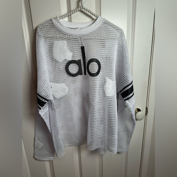 ALO Yoga | Sweaters | Alo Yoga White And Black Mesh Long Sleeve Top ...